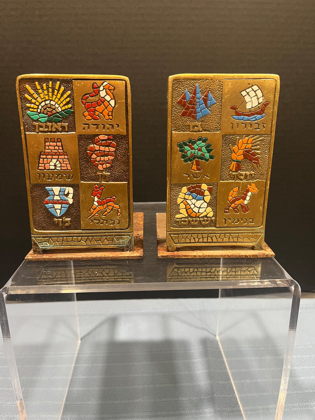 Vintage 12 Tribes of Israel Sabra Brass Bookends Painted Tribe Symbols ...