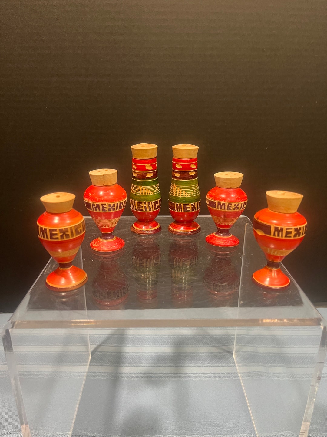 Vintage 3 Sets of Mexican Hand-carved and Hand-painted Wood Salt and ...