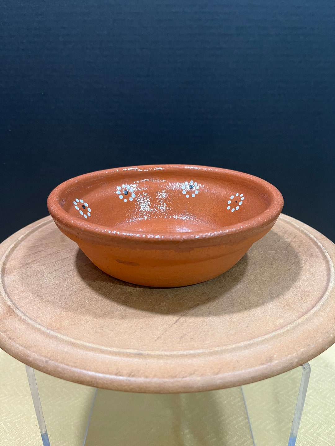 Vintage Mexican Terra Cotta Salsa Bowl With White Flowers - Mexican ...