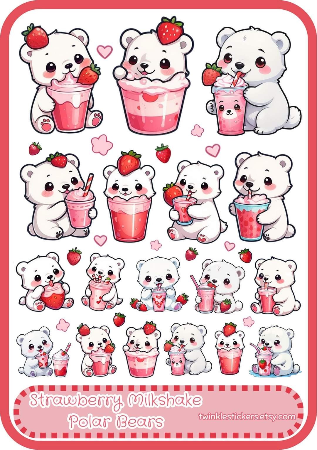 Strawberry Milkshake Polar Bears Sticker Sheet Large - Etsy