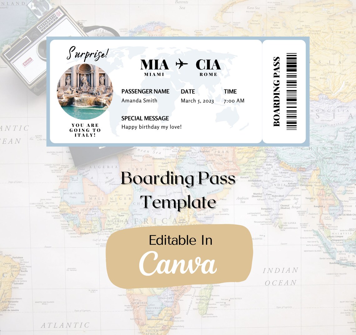 Editable Boarding Pass Template, Printable Airline Ticket, Canva ...