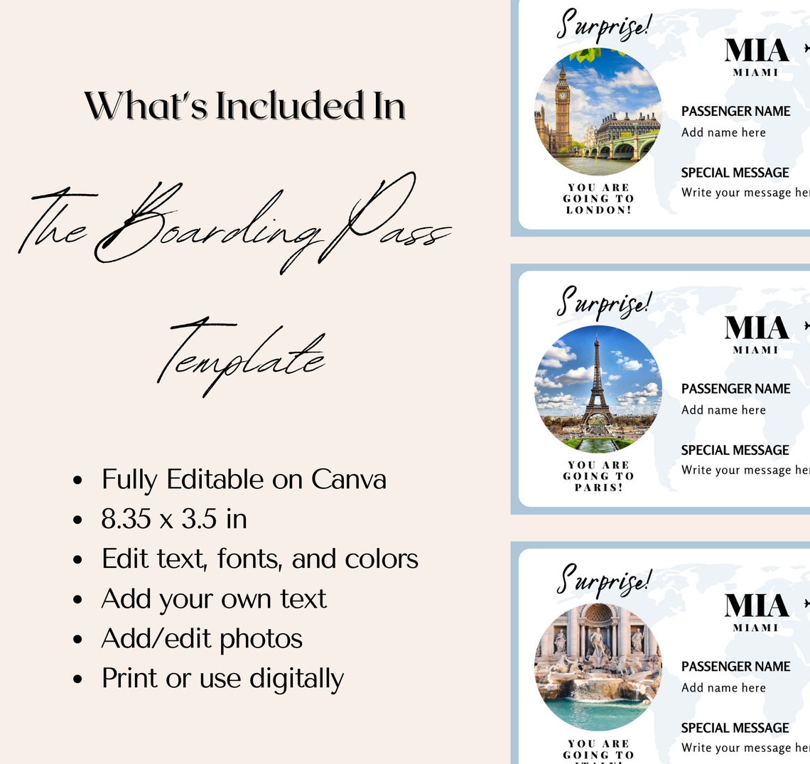 Editable Boarding Pass Template, Printable Airline Ticket, Canva ...