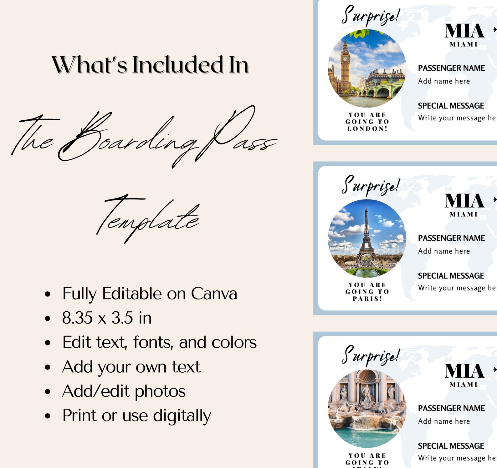 Editable Boarding Pass Template, Printable Airline Ticket, Canva ...