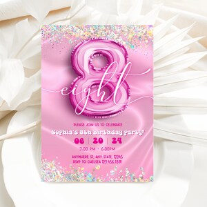 Editable 8th Birthday Invitation With Photo, Glitter Foil Balloon ...