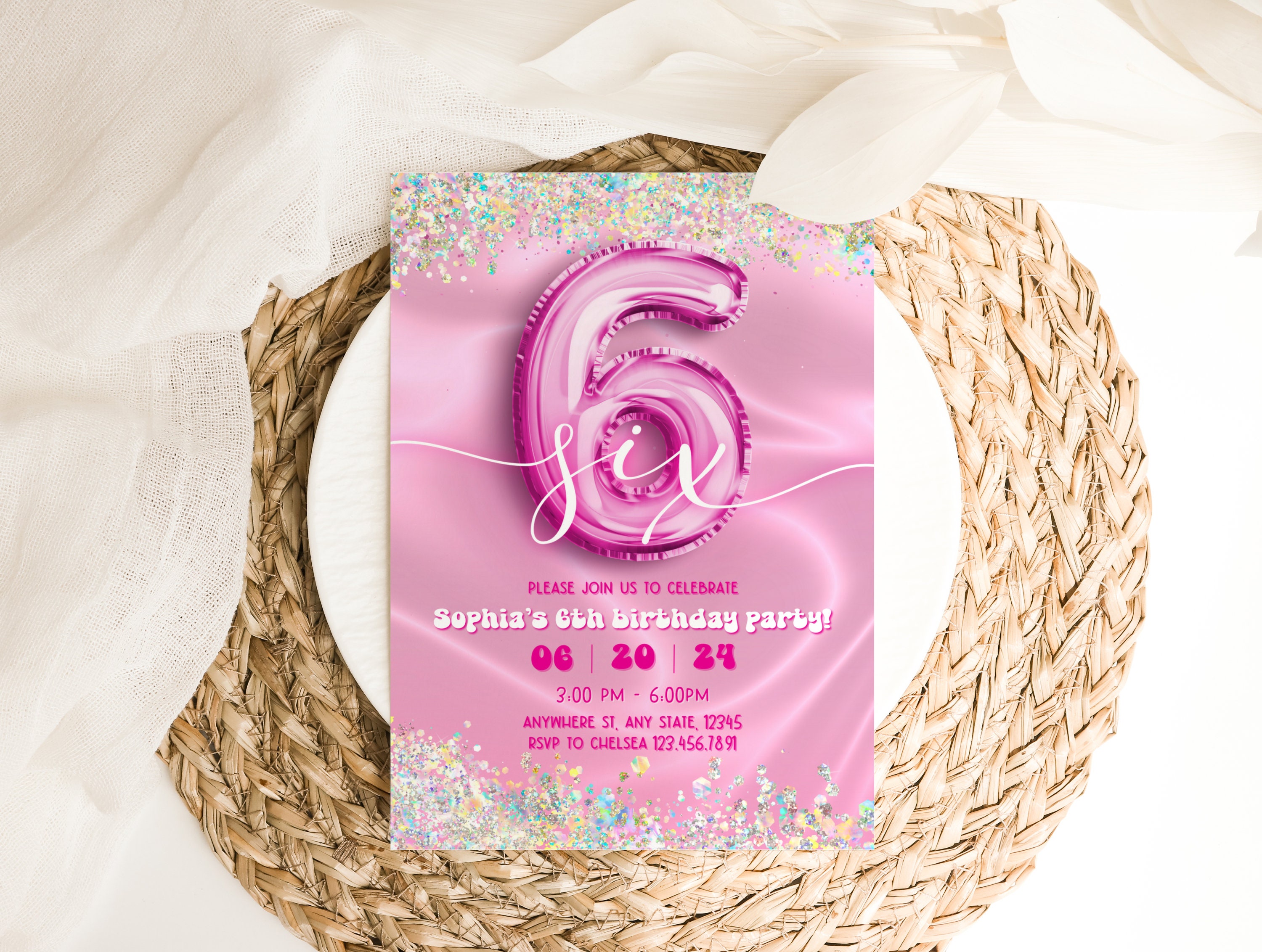 Editable 6th Pink Birthday Invitation, Glitter Balloon Birthday Party ...