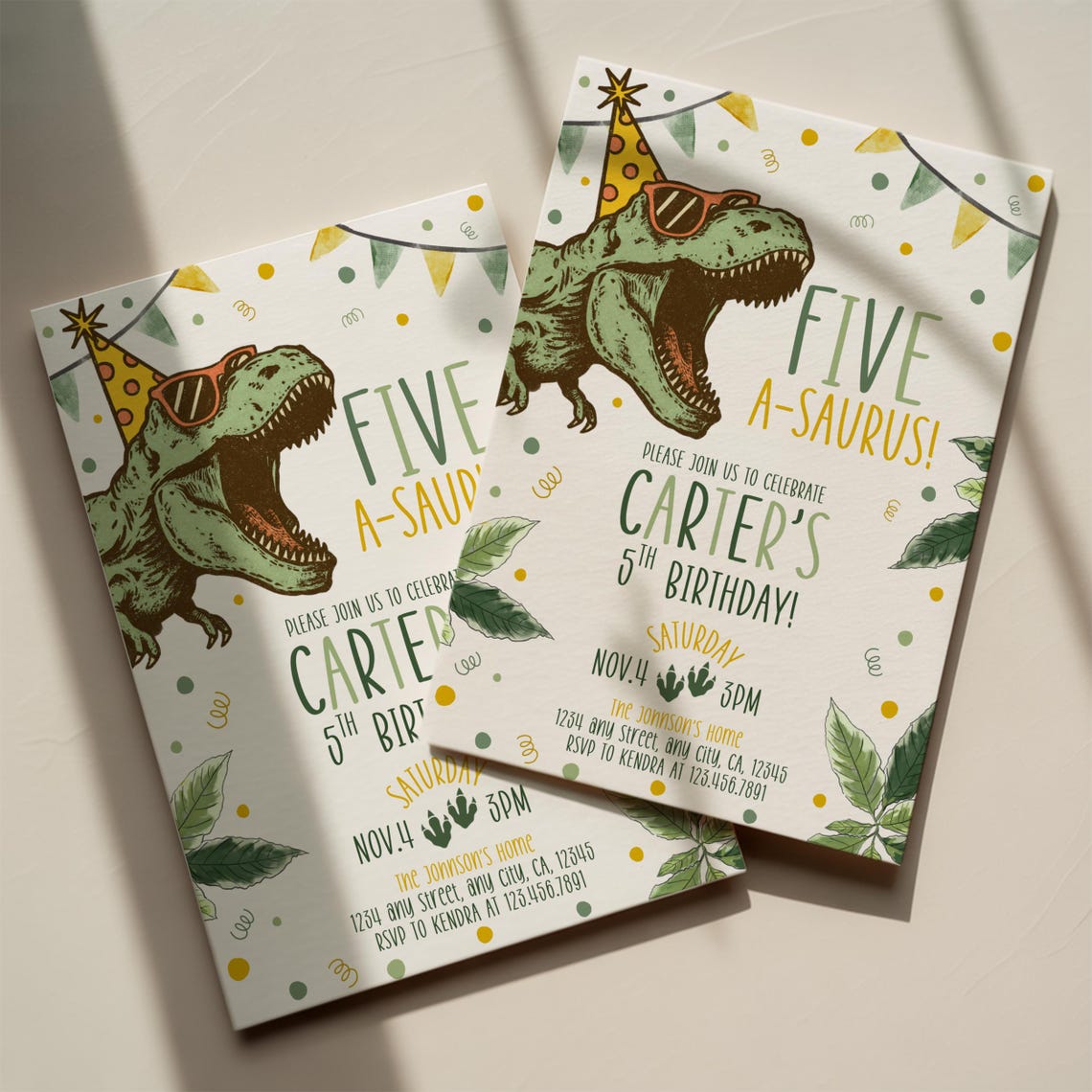 Five A-saurus Birthday Invitation, Dinosaur 5th Birthday Invite, T-rex ...