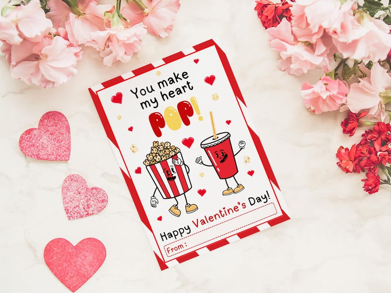 Popcorn Valentine's Day Cards for Kids, Kids Valentine Cards, Popcorn ...