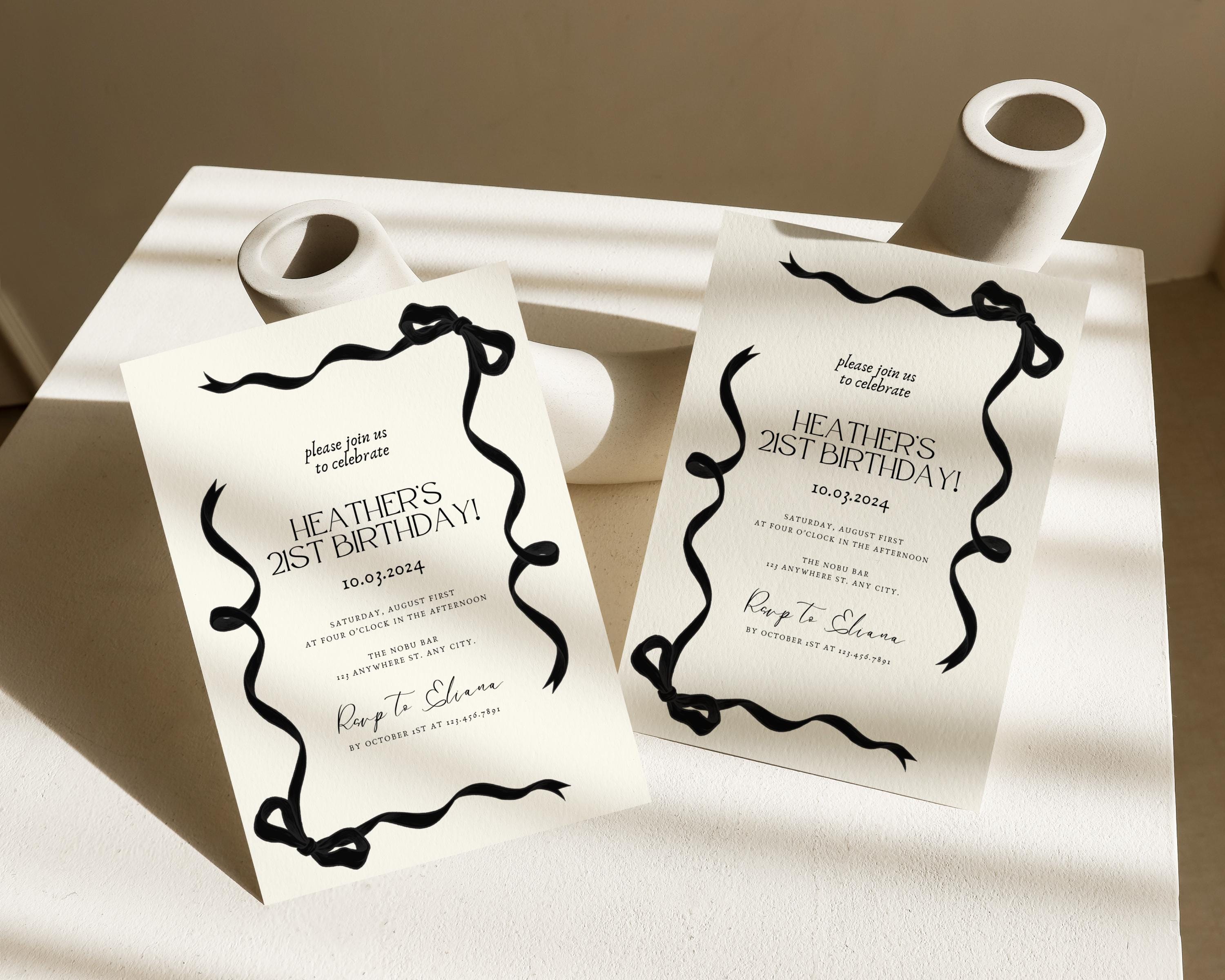 Self Editable Modern Birthday Party Invitation, Bow Invitation, 21st ...