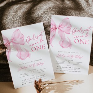 Girls Just Wanna Be One Birthday Invite, Coquette Pink Bow First ...