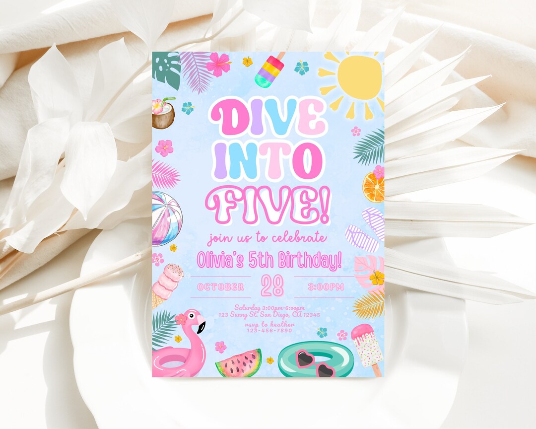 Dive Into Five 5th Birthday Party Invitation, Summer Birthday Invite ...