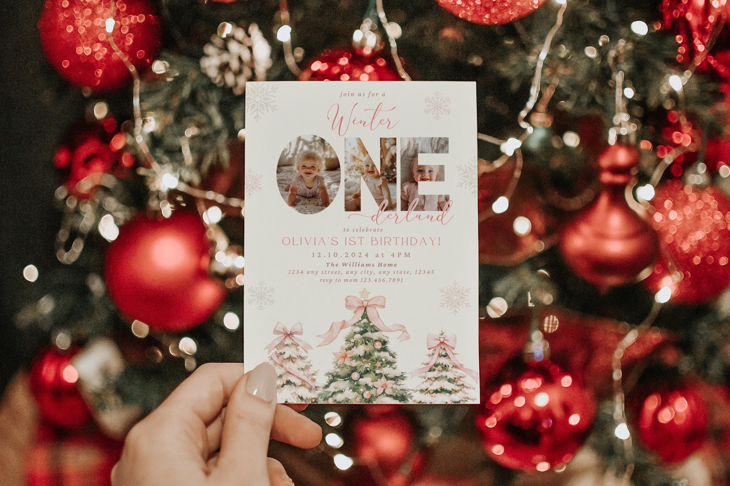 Winter Onederland Birthday Party Invitation, Pink Christmas Girl 1st ...