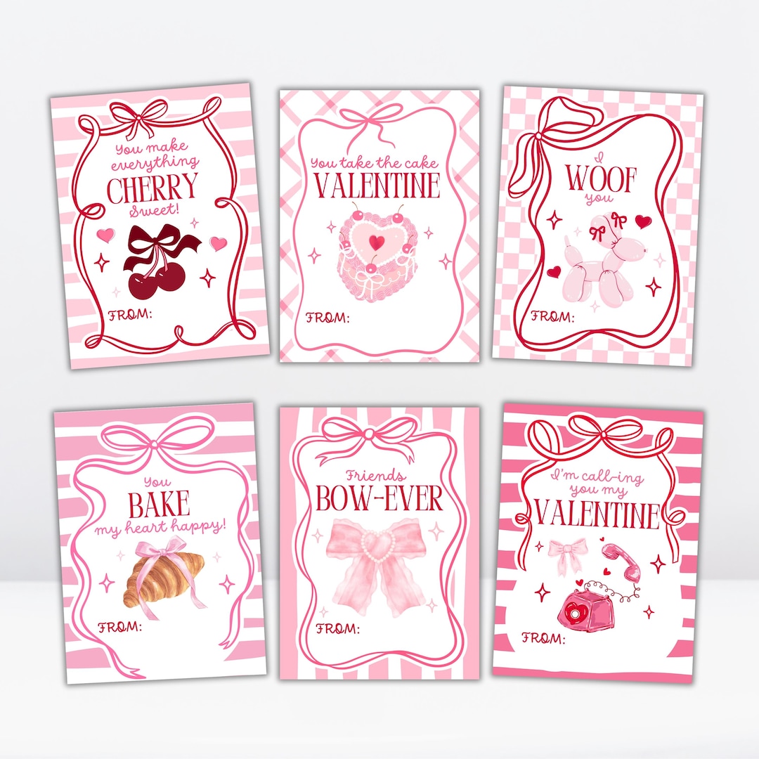 Coquette Valentine Cards for Kids, Pink Bow Valentines, Cute Classroom ...