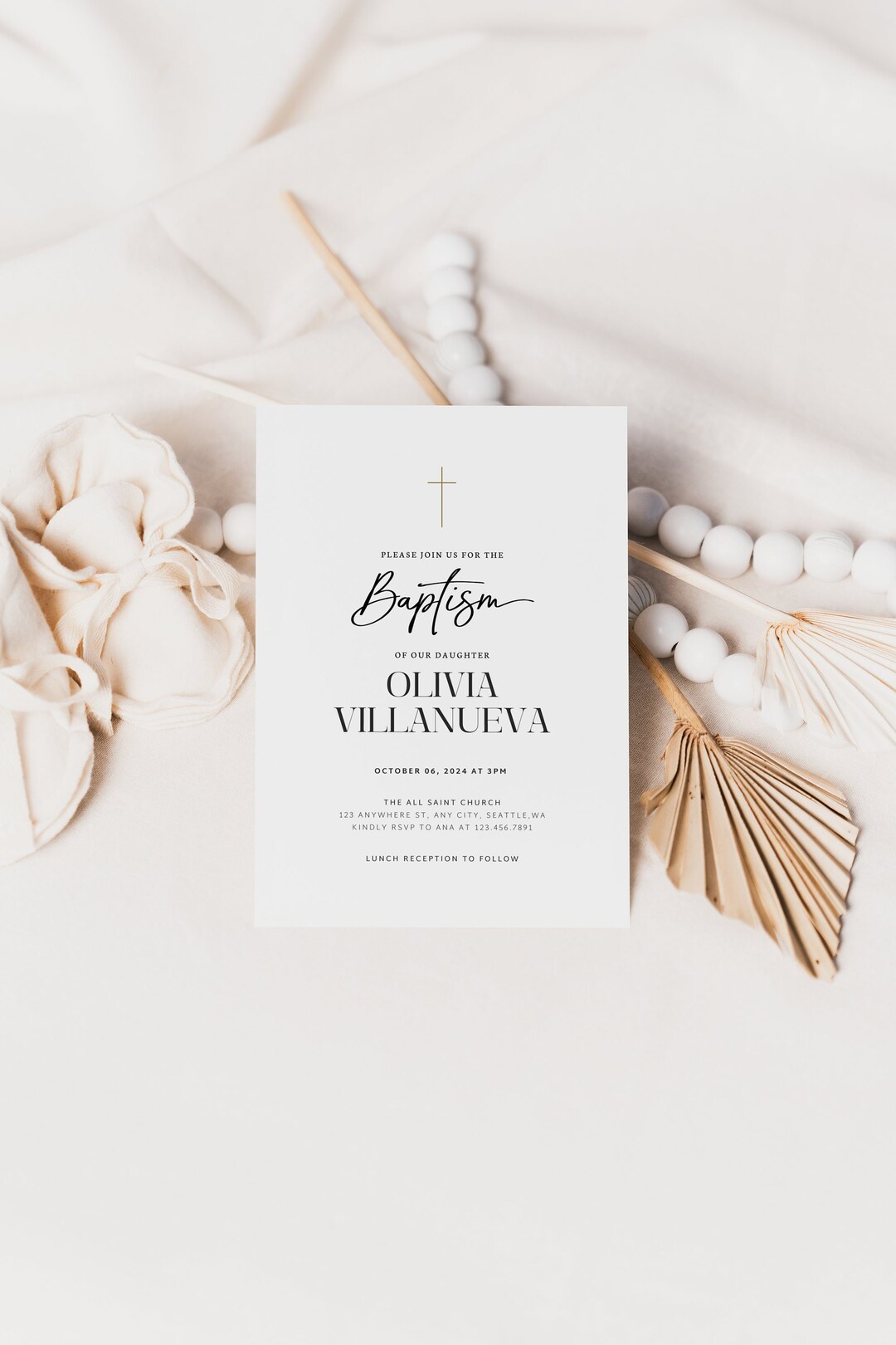 Boho Baptism Invitation, Modern Baptism Invite, Minimal Baptism Invite ...