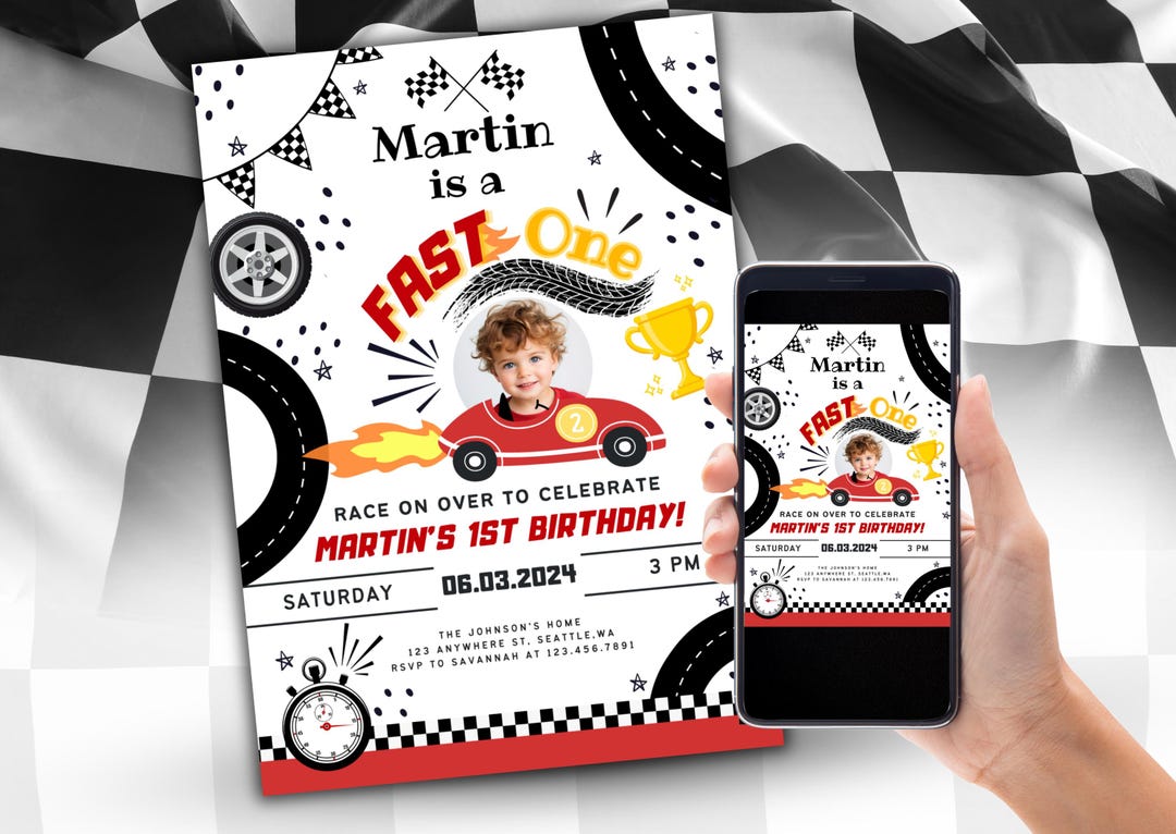 Fast One Birthday Invite, 1st Birthday Fast Boy Race Car Birthday Party ...