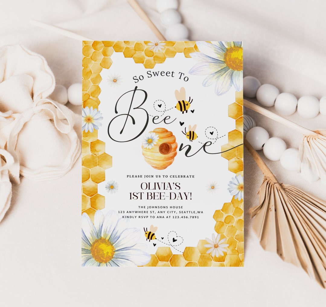 First Bee Day Birthday Invitation, 1st Bee-day Party Invite, First ...