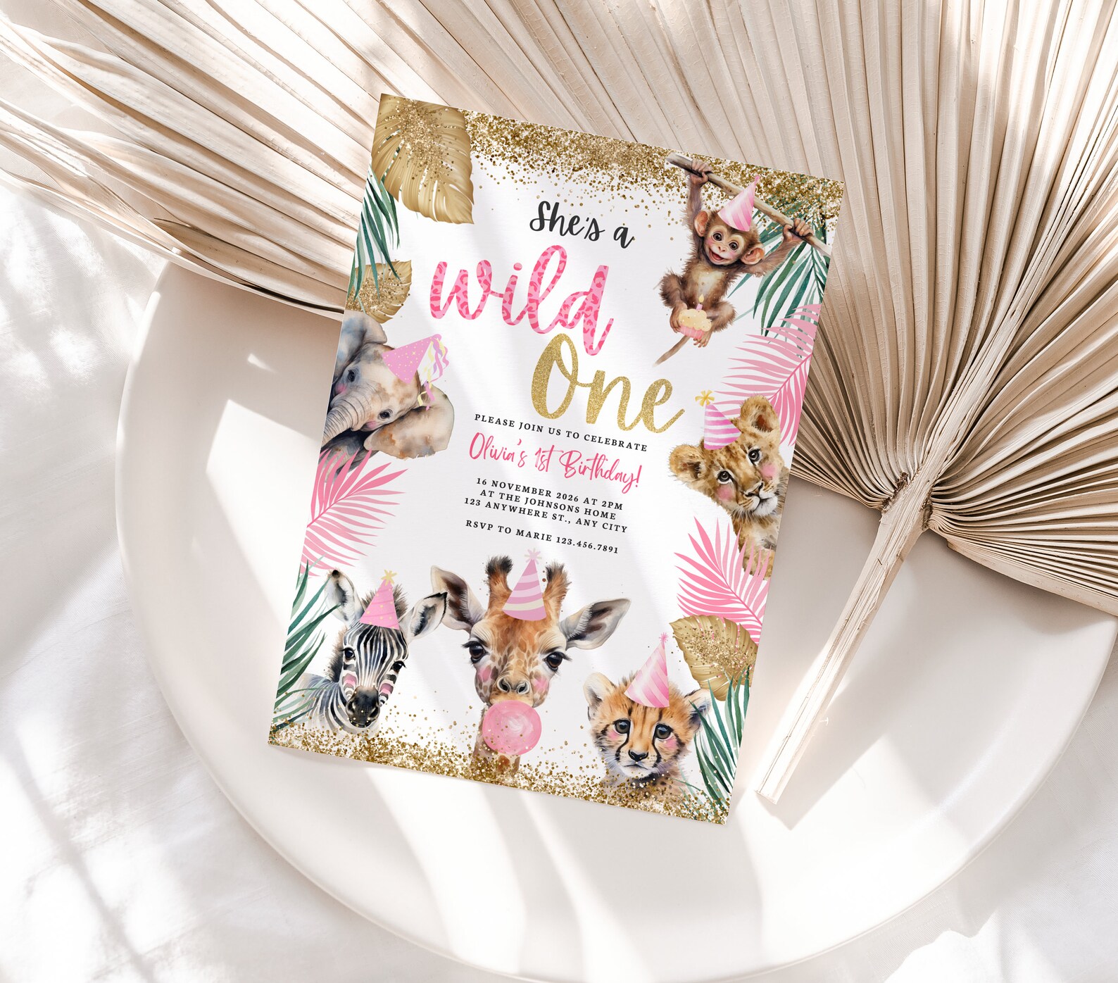 Wild One Birthday Invite, Pink Girl Invite, Safari First Birthday Party ...
