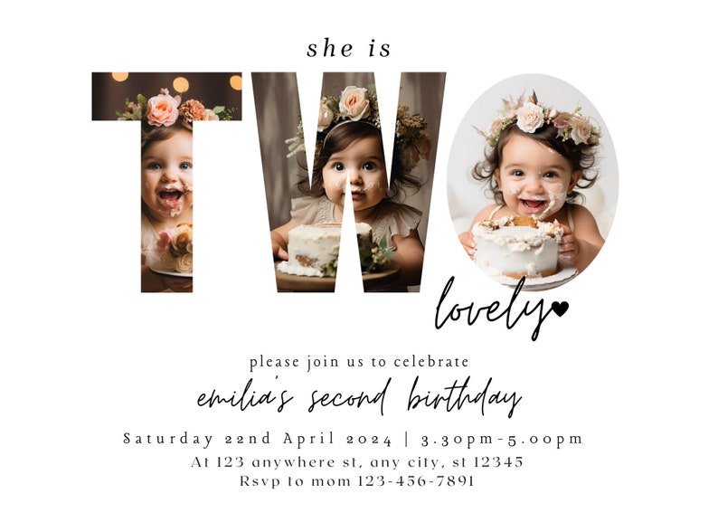 Editable Second Birthday Photo Invitation, Minimal 2nd Birthday ...