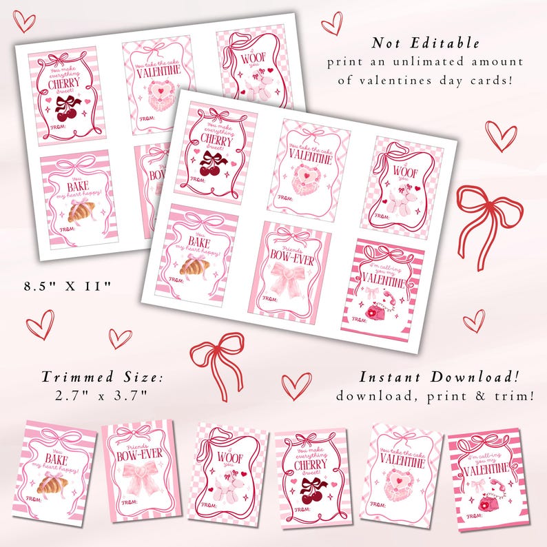 Coquette Valentine Cards for Kids, Pink Bow Valentines, Cute Classroom ...
