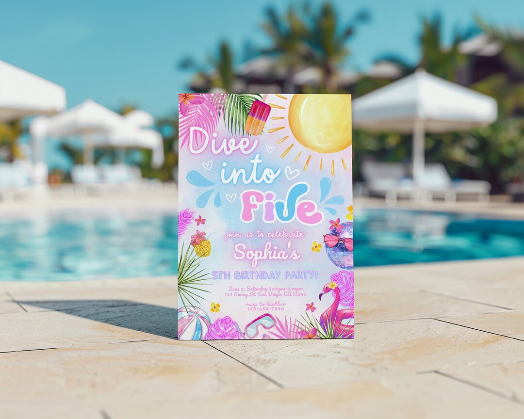 Dive Into Five 5th Birthday Party Invitation, Summer Birthday Invite ...