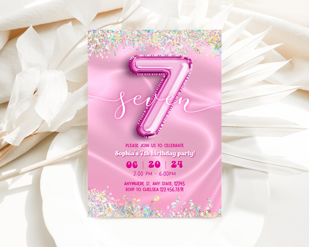 Editable 7th Pink Birthday Invitation, Glitter Balloon Birthday Party ...
