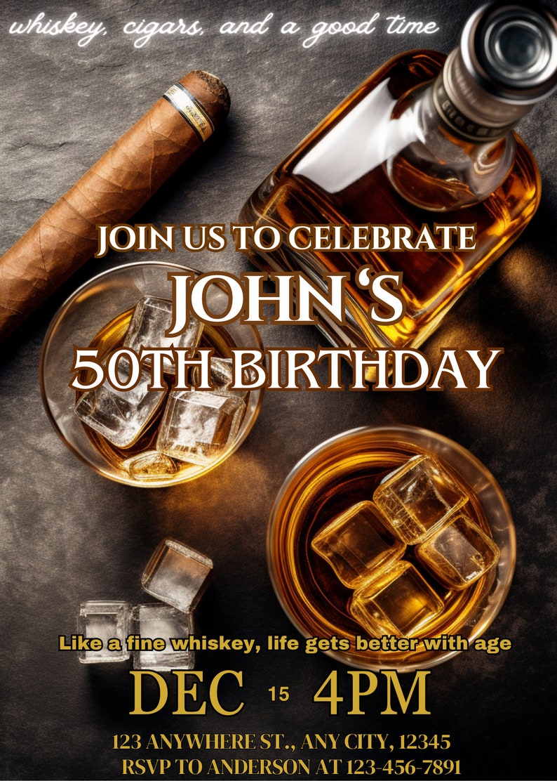 Whiskey Party Birthday Invitation, Cigars and Whiskey Invite, Digital ...