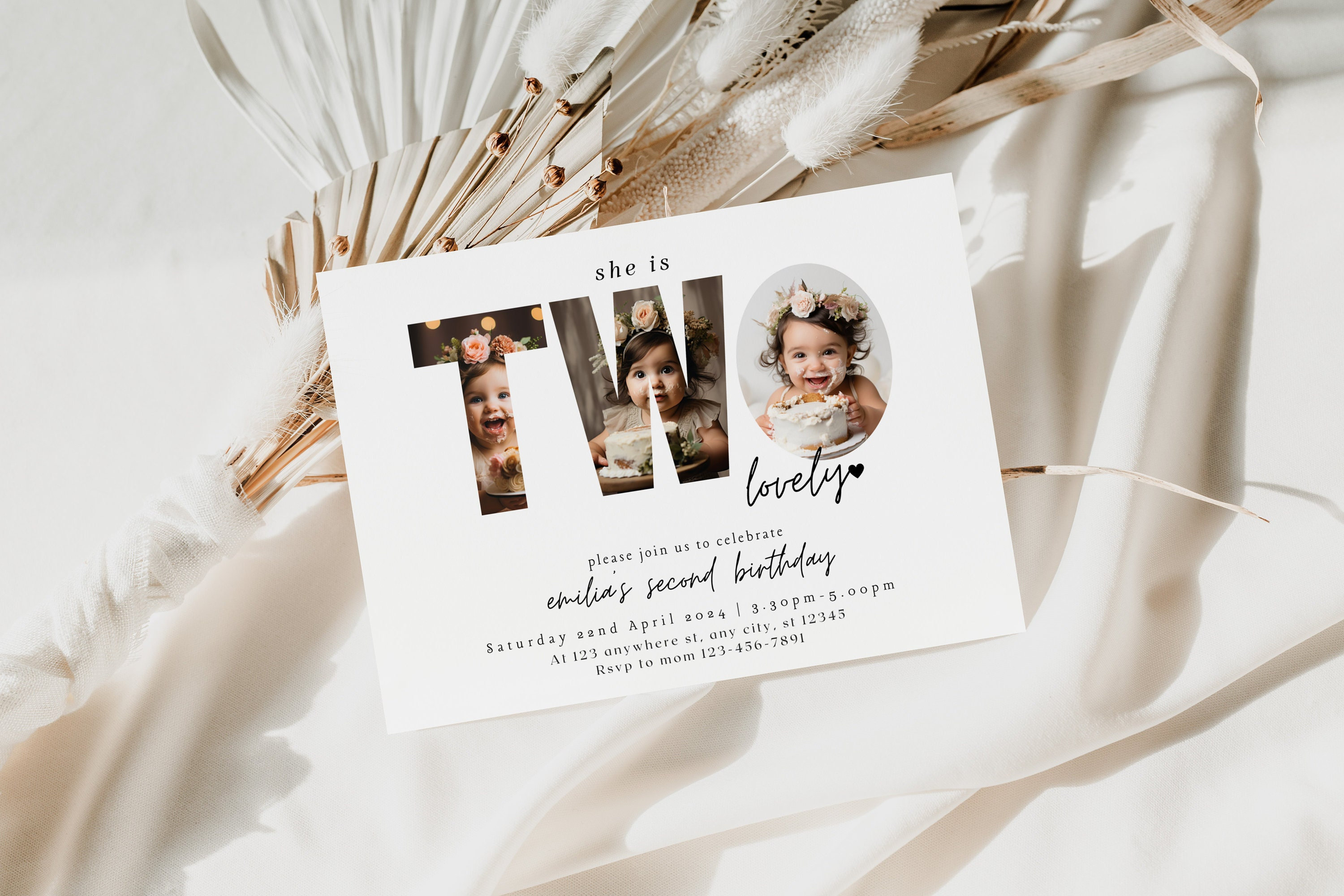 Editable Second Birthday Photo Invitation, Minimal 2nd Birthday ...