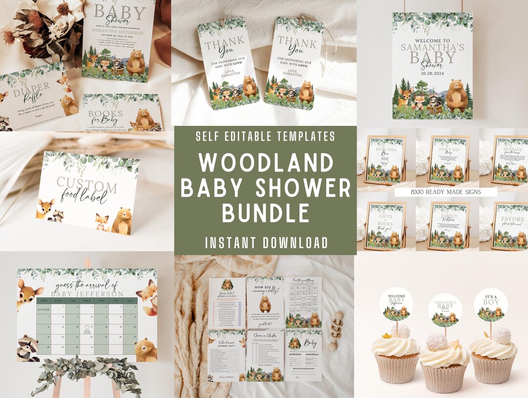 Woodland Baby Shower Bundle, Digital Woodland Animals Set, Baby Shower ...