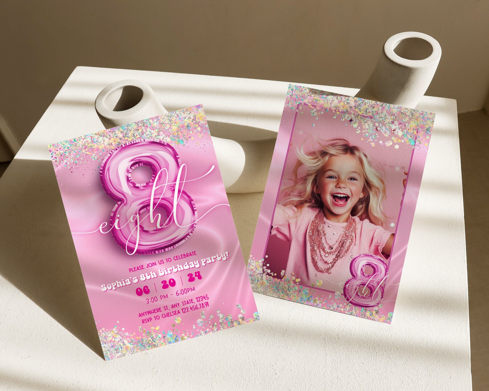 Editable 8th Birthday Invitation With Photo, Glitter Foil Balloon ...