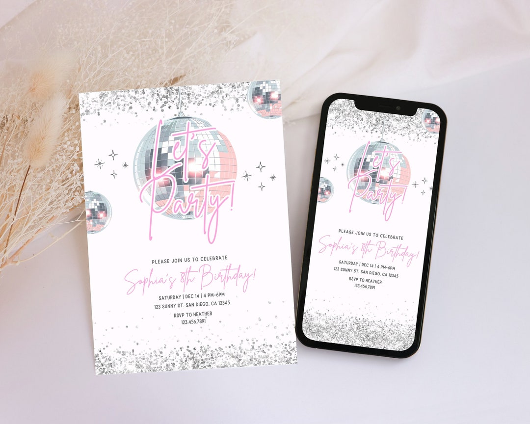 Glitter Disco Party Invite, Disco Party Invite, Digital Invite, Girl ...
