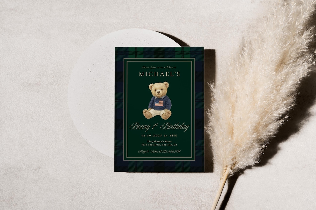 Vintage Preppy Teddy Bear First Birthday Invitation, Classic Tartan ...