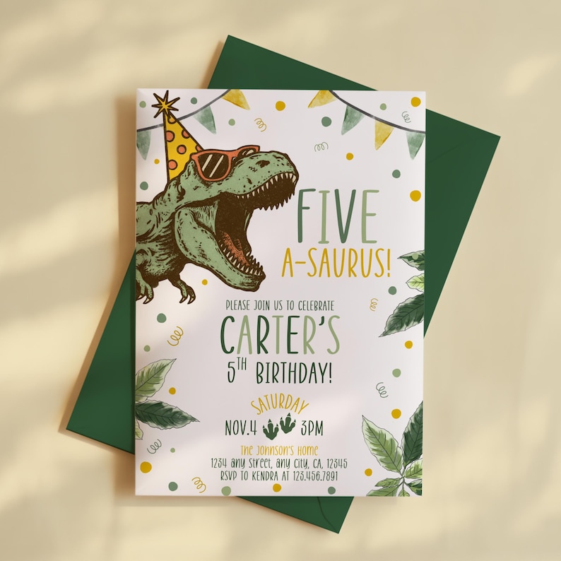 Five A-saurus Birthday Invitation, Dinosaur 5th Birthday Invite, T-rex ...
