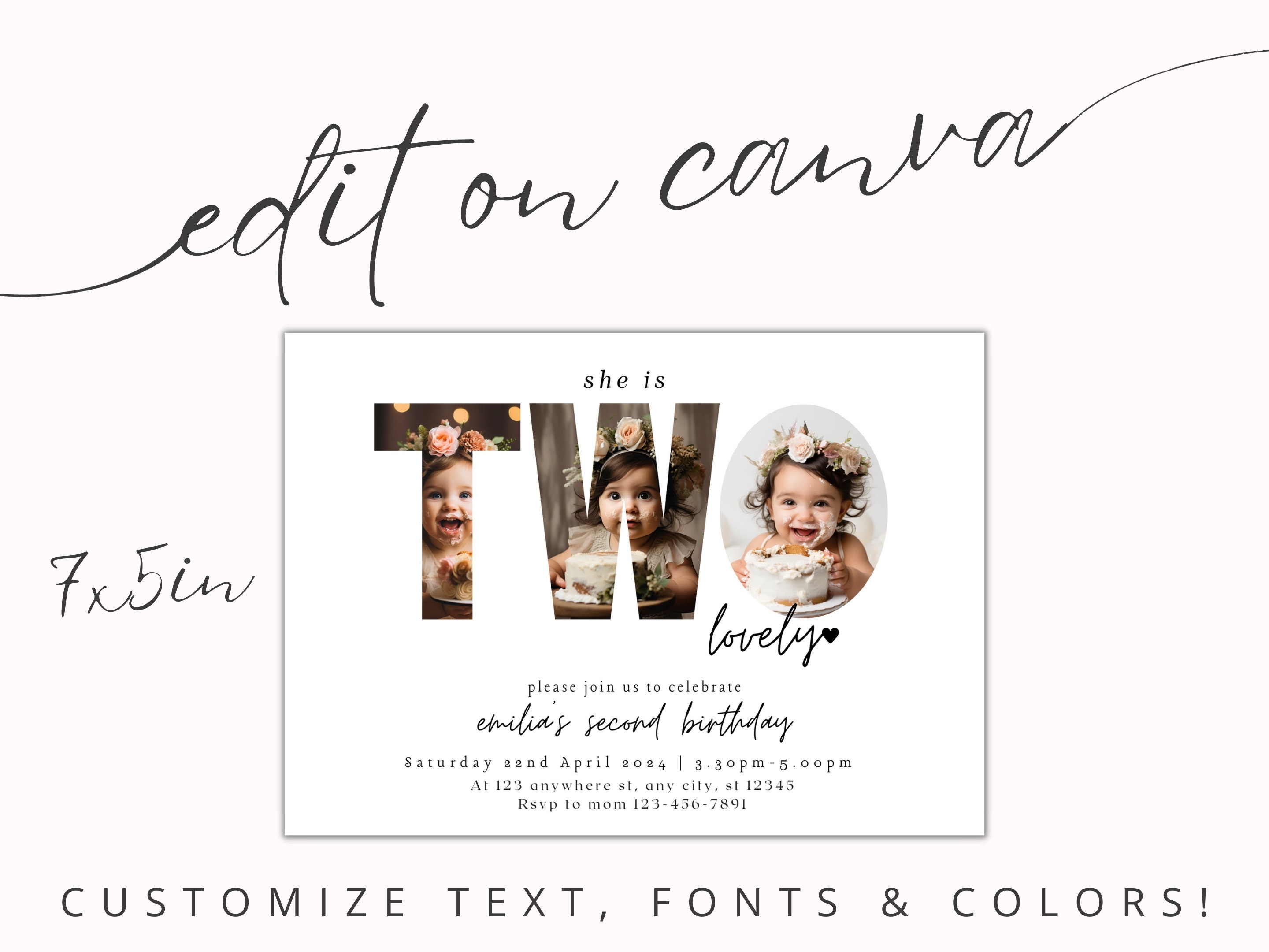 Editable Second Birthday Photo Invitation, Minimal 2nd Birthday ...