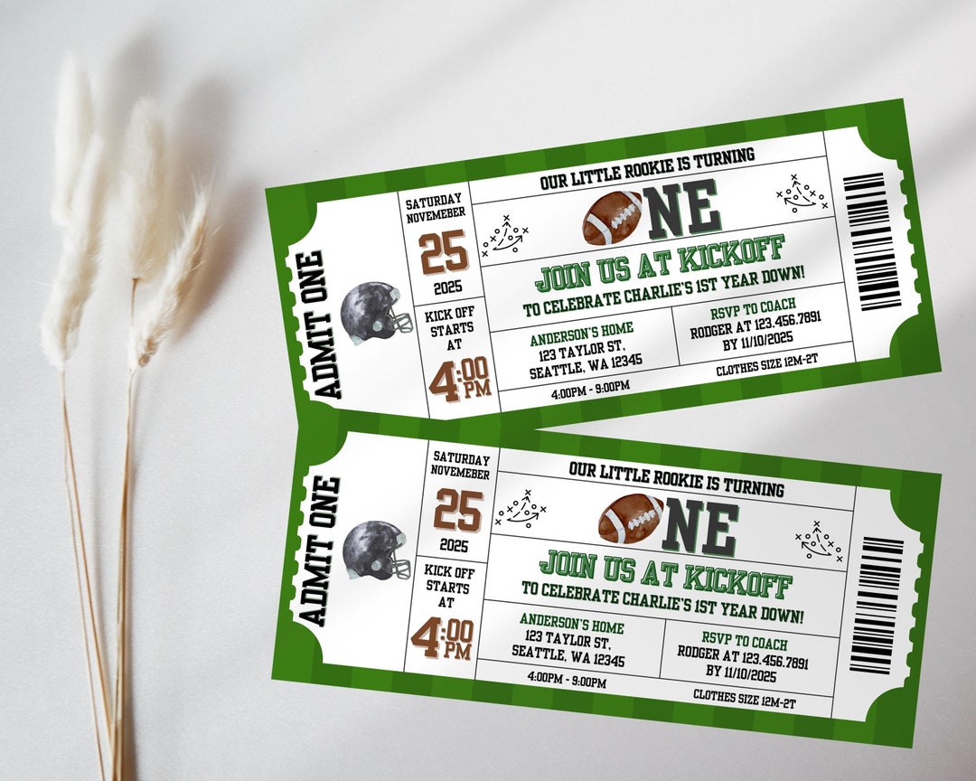 Football 1st Birthday Invitation Ticket Stub, First Year Down, Game on ...