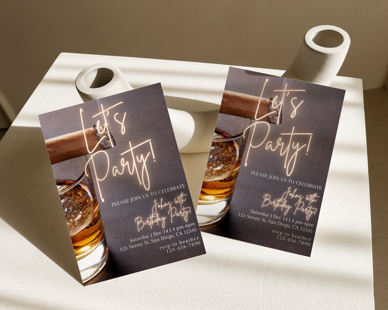 Whiskey Party Birthday Invitation, Cigars and Whiskey Invite, Digital ...