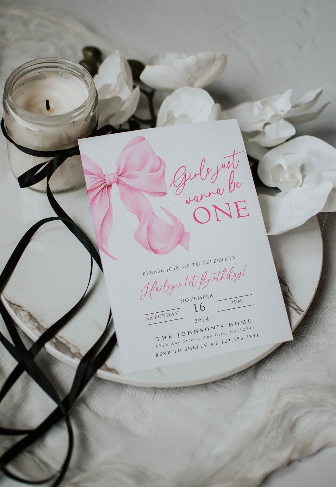Girls Just Wanna Be One Birthday Invite, Coquette Pink Bow First ...