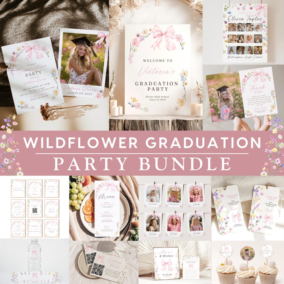 Wildflower Graduation Party Announcement Bundle, Floral Pink Bow Girl ...