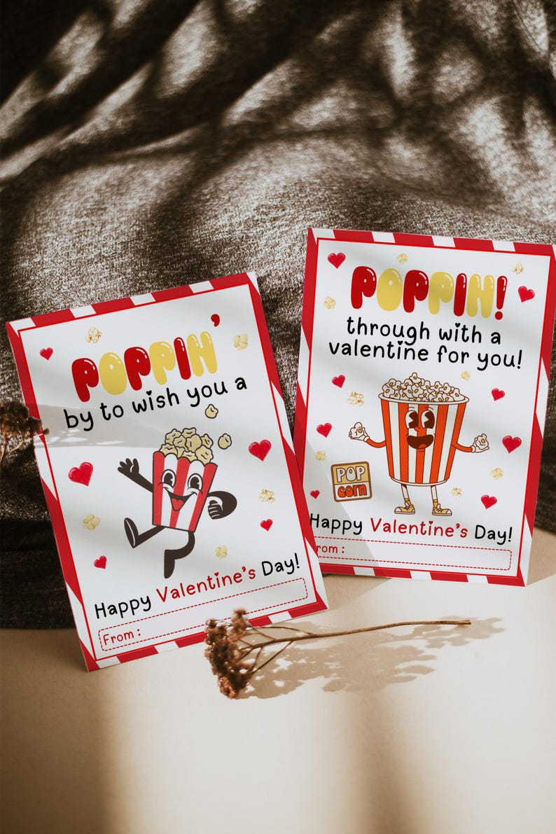 Popcorn Valentine's Day Cards for Kids, Kids Valentine Cards, Popcorn ...