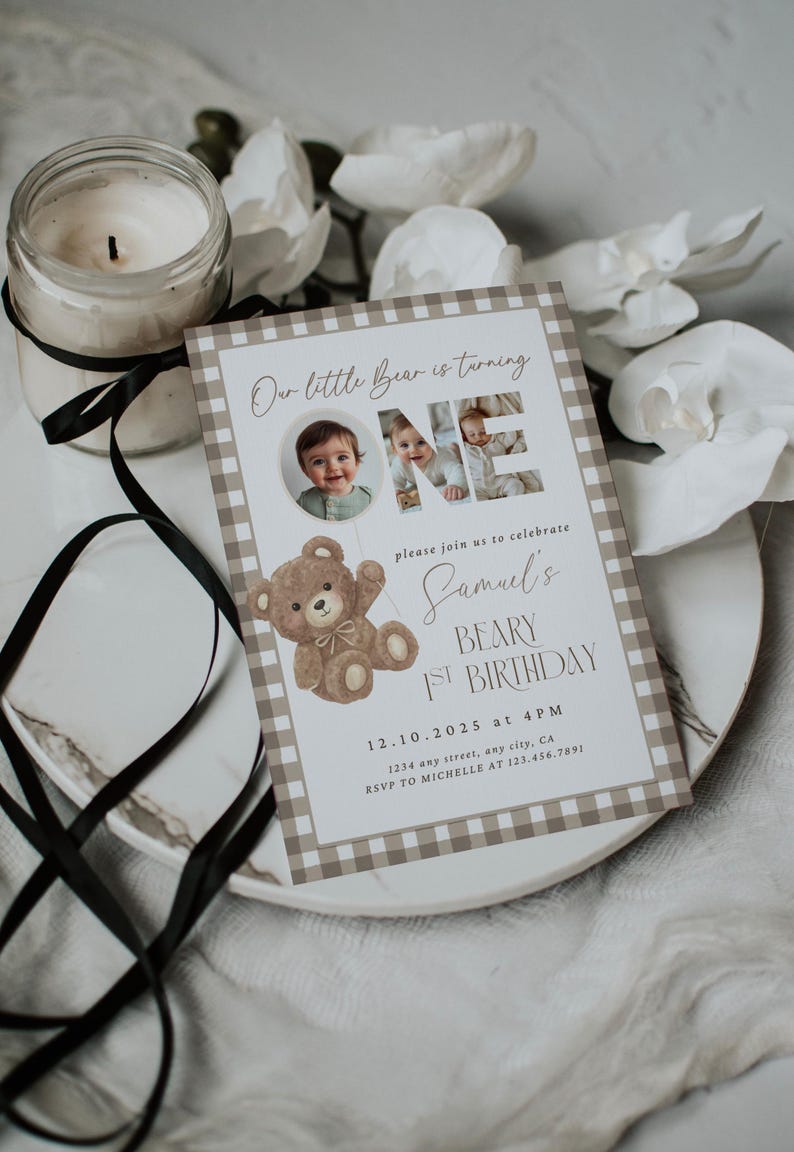 Editable Bear Birthday Invitation With Photo, Gingham Beary 1st ...