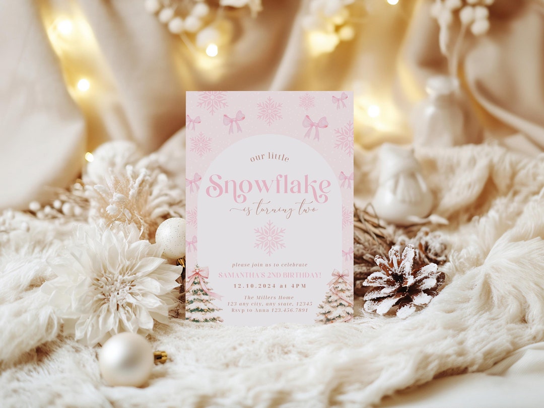 Snowflake Birthday Party Invitation, Winter Pink Christmas Girl ...