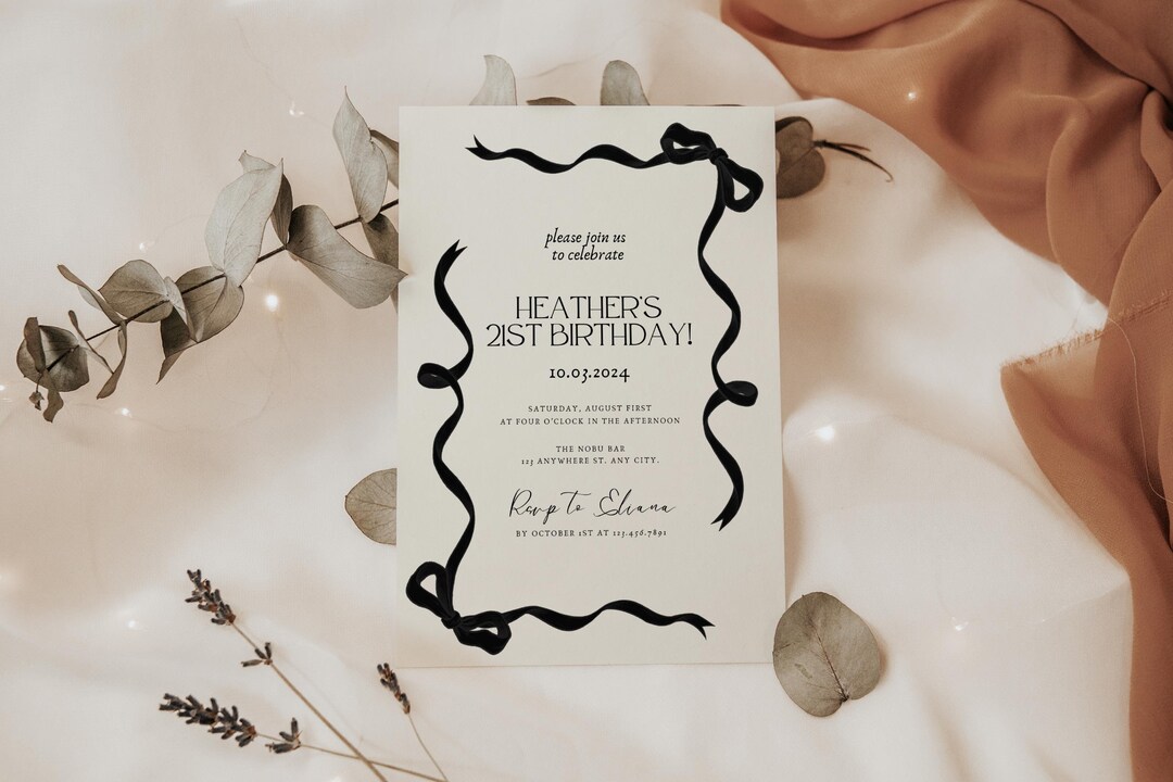 Self Editable Modern Birthday Party Invitation, Bow Invitation, 21st ...