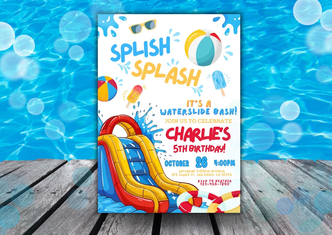 Waterslide Birthday Invitation, Boy or Girl Splash Party Invite, Pool ...