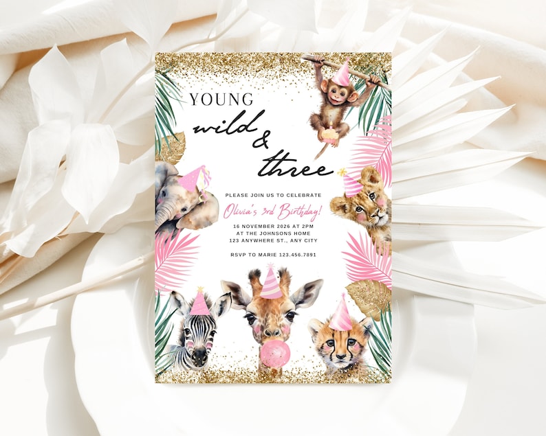 Young Wild and Three, 3rd Birthday Invite, Girl Safari Jungle Animal ...