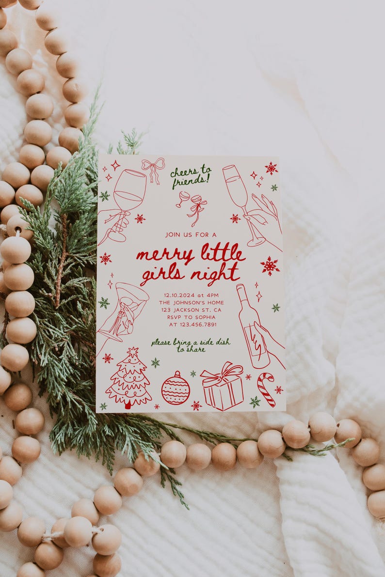 Christmas Girls Night in Invite, Holiday Christmas Bow Party Invite ...