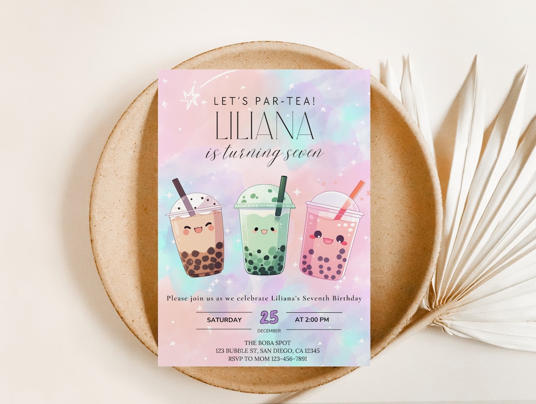 Boba Tea Birthday Invitation, Boba Par-tea Birthday Invitation, Kids ...