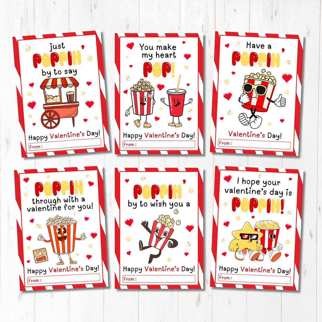 Popcorn Valentine's Day Cards for Kids, Kids Valentine Cards, Popcorn ...