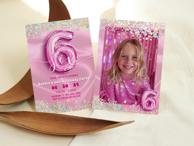 Editable 6th Pink Birthday Invitation, Glitter Balloon Birthday Party ...
