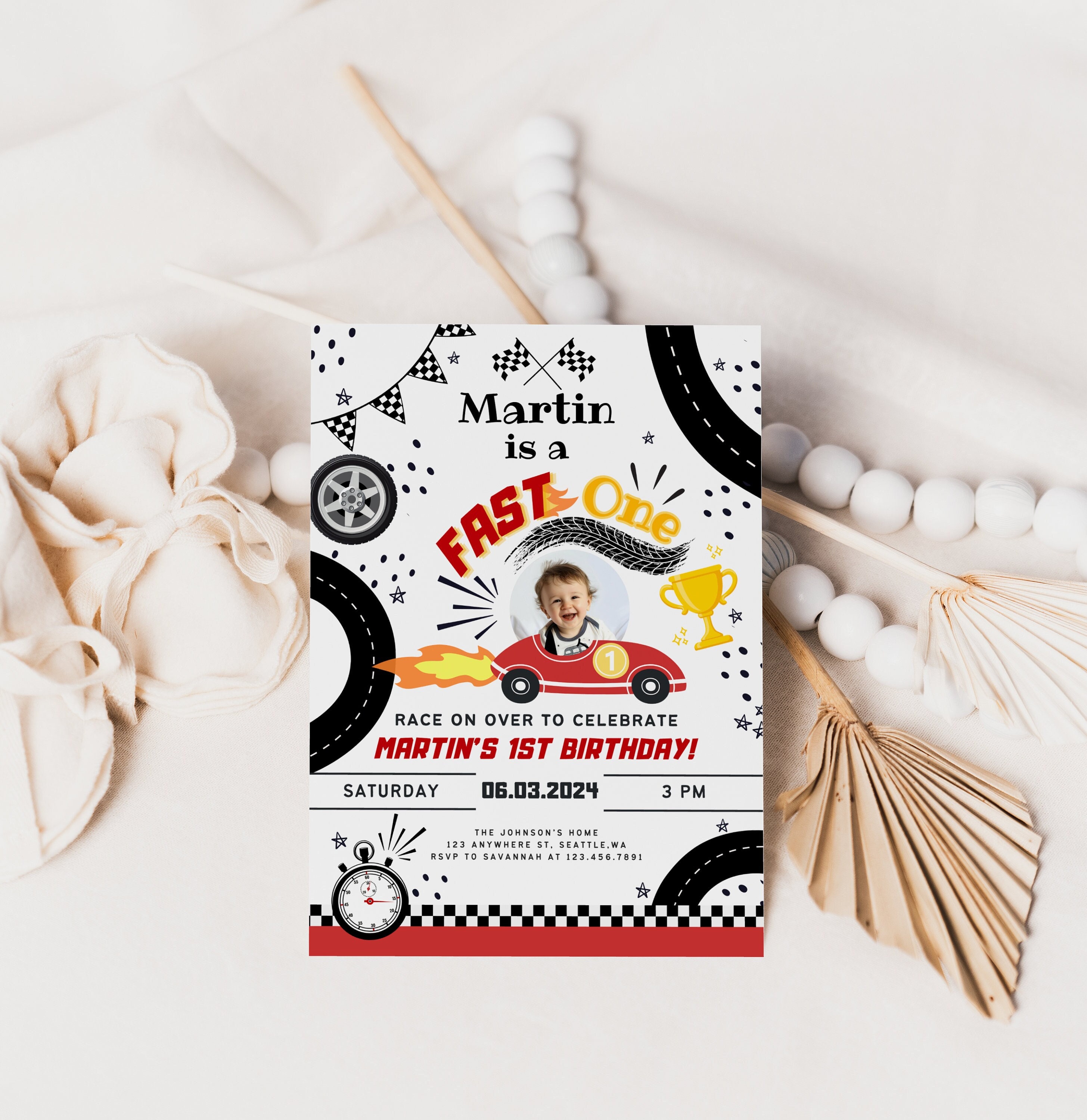Fast One Birthday Invite, 1st Birthday Fast Boy Race Car Birthday Party ...