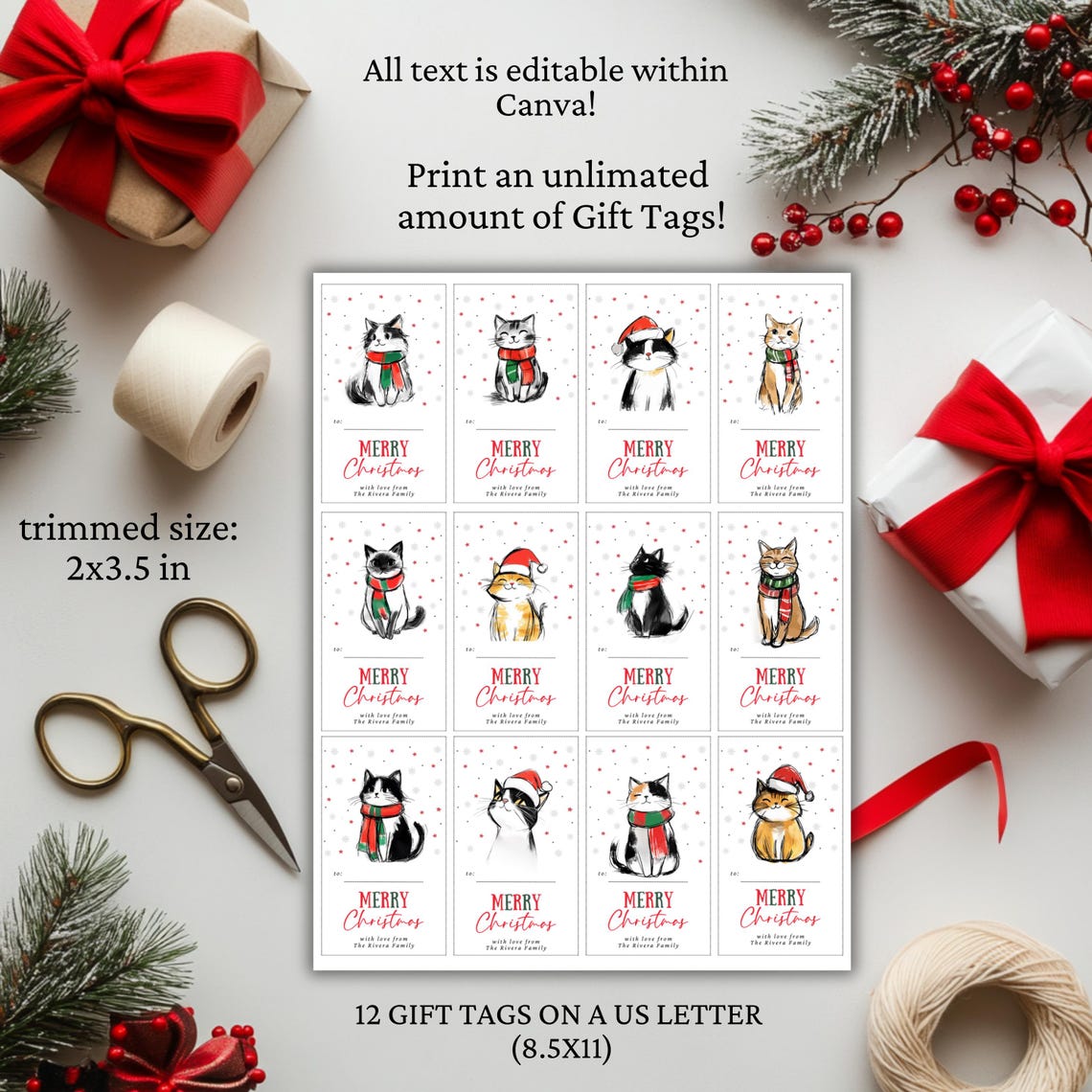 Cat Christmas Gift Tags, Editable Christmas Gift Tags Bundle Set Kitten ...