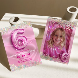 Editable 6th Pink Birthday Invitation, Glitter Balloon Birthday Party ...