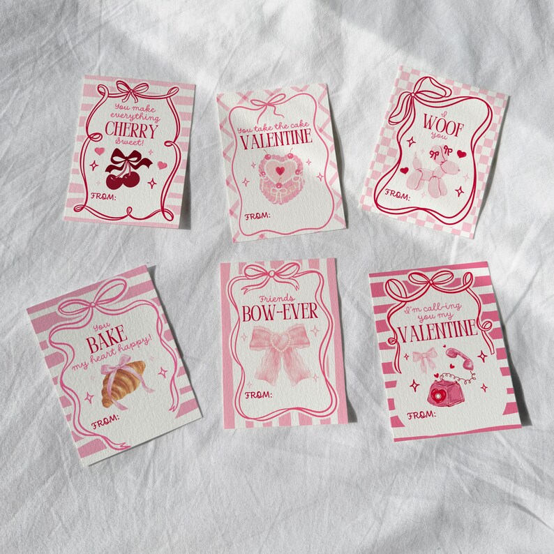 Coquette Valentine Cards for Kids, Pink Bow Valentines, Cute Classroom ...